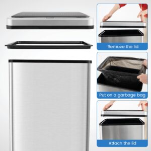 Goplus Stainless Steel Trash Can 13 Gallon, Automatic Motion Sensor Garbage Can with Stay-on Lid and Soft Closure, Elevated Tall Waste Bin with Detachable Legs for Kitchen, Office, Silver