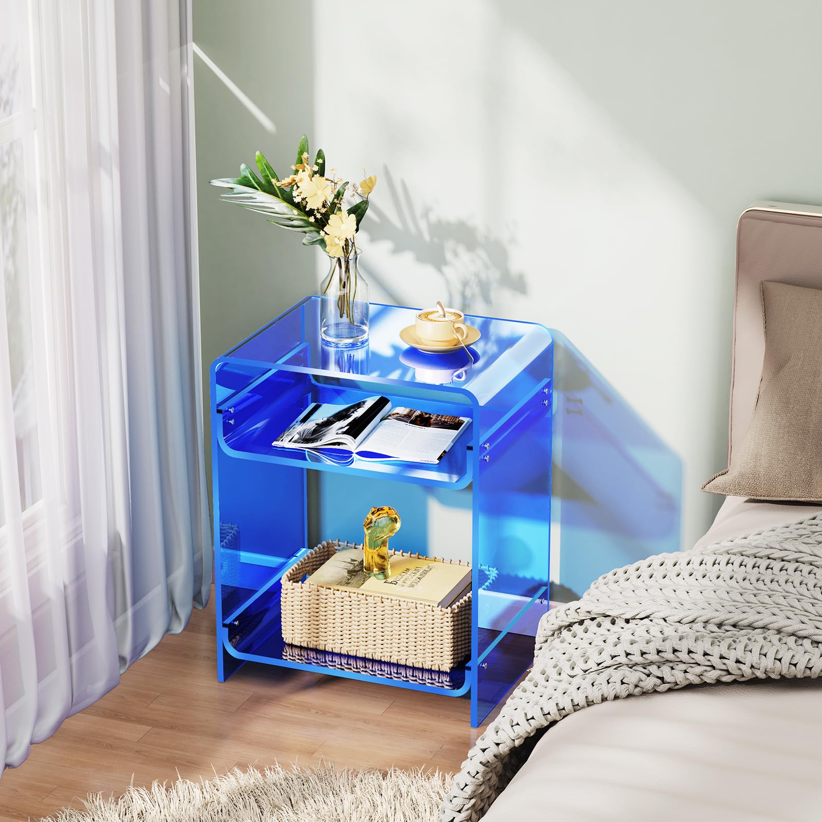 Acrylic End Table Record Player Table with Storage Shelf Clear Side Table Nightstand (Orange, 15.7x19.7x11.8) (Blue)