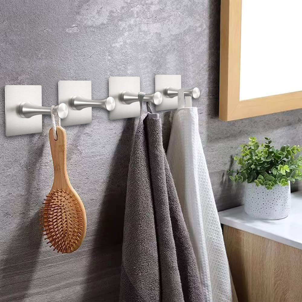 DGYB Self Adhesive Hooks for Hanging Set of 4 Adhesive Wall Hooks Heavy Duty Stainless Steel Brushed Nickel Adhesive Towel Hooks for Bathrooms Waterproof Stick on Shower Hooks for Inside Shower