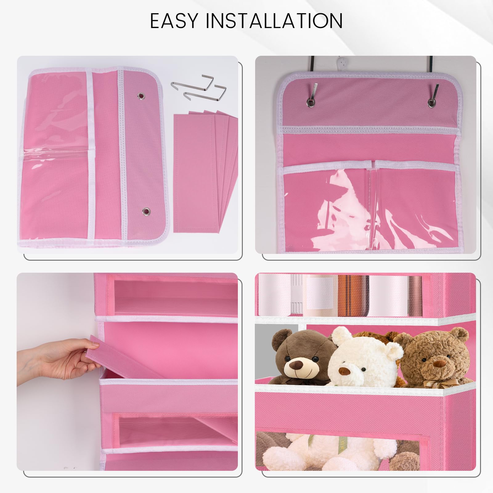 HAKACC Door Hanging Organizer Nursery Closet Cabinet Baby Storage，Upgrade Hanging Storage with Clear Window with 4 Large Pockets and 2 Small PVC Pockets for Cosmetics,Toys and Sundries,Pink