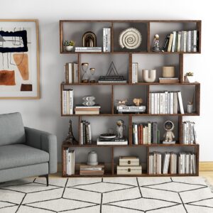 SILKYDRY 5-Tier Geometric Bookshelf, Freestanding Room Divider Bookcase, S-Shaped Decorative Storage Shelving, 62.5" Tall Display Book Shelf for Bedroom, Living Room (2, Rustic Brown)