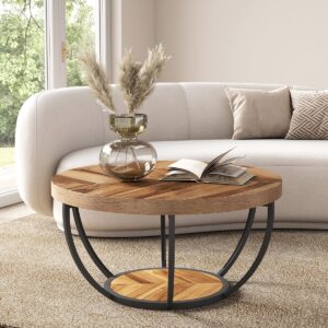 LITTLE TREE Round Coffee Table, 32" Circle Coffee Table for Living Room, 2-Tier Wood Accent Center Table with Open Storage Industrial Design Home Furniture (Wood Grain and Black)