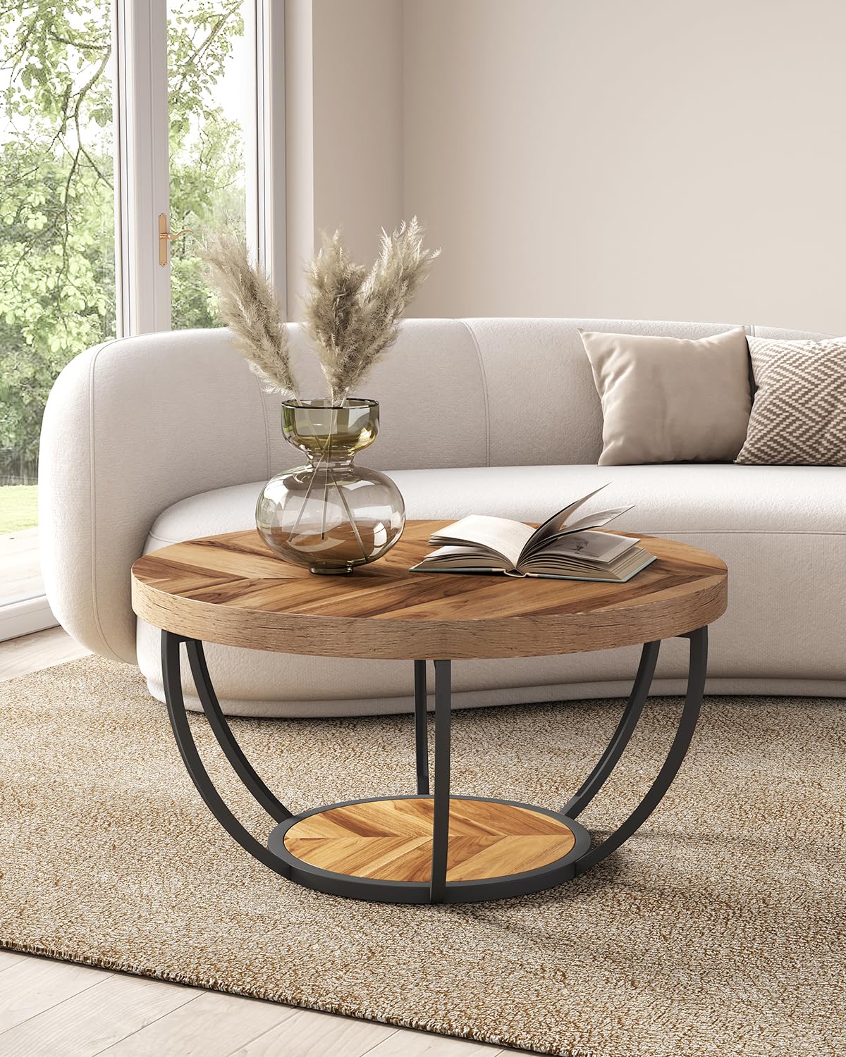 LITTLE TREE Round Coffee Table, 32" Circle Coffee Table for Living Room, 2-Tier Wood Accent Center Table with Open Storage Industrial Design Home Furniture (Wood Grain and Black)