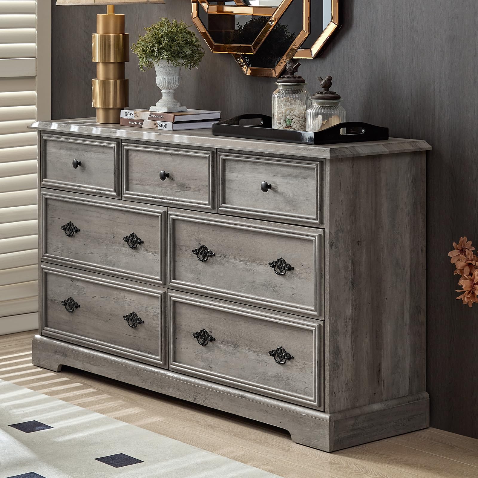 HEGGOOE 7 Drawers Dresser Chests for Bedroom, Wood Rustic Tall Chest of Drawers, Dressers Organizer for Bedroom, TV Stand Storage Chest with Antique Handles for Living Room, Hallway, Entryway