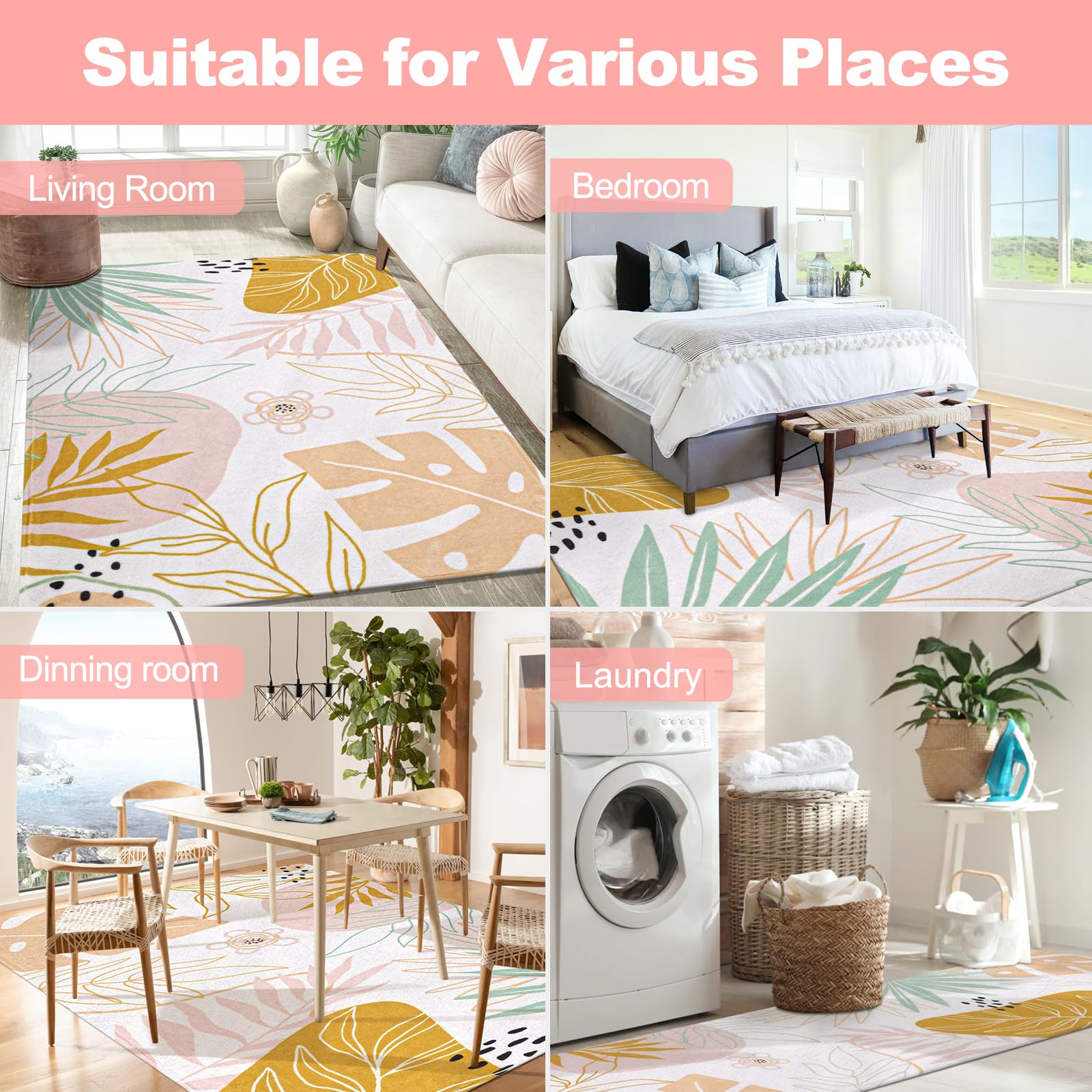 Yamaziot Washable Area Rug 5x7 Non-Slip Pink Boho Rug for Bedroom Cute Soft Throw Kids Nursery Rug, Low Pile Abstract Plant Print Soft Floor Carpet for Bedroom Nursery Classroom Living Room