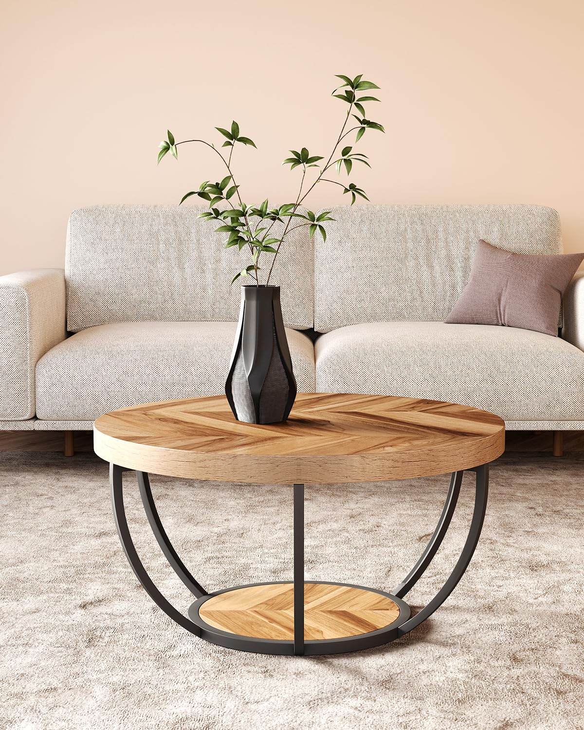 LITTLE TREE Round Coffee Table, 32" Circle Coffee Table for Living Room, 2-Tier Wood Accent Center Table with Open Storage Industrial Design Home Furniture (Wood Grain and Black)