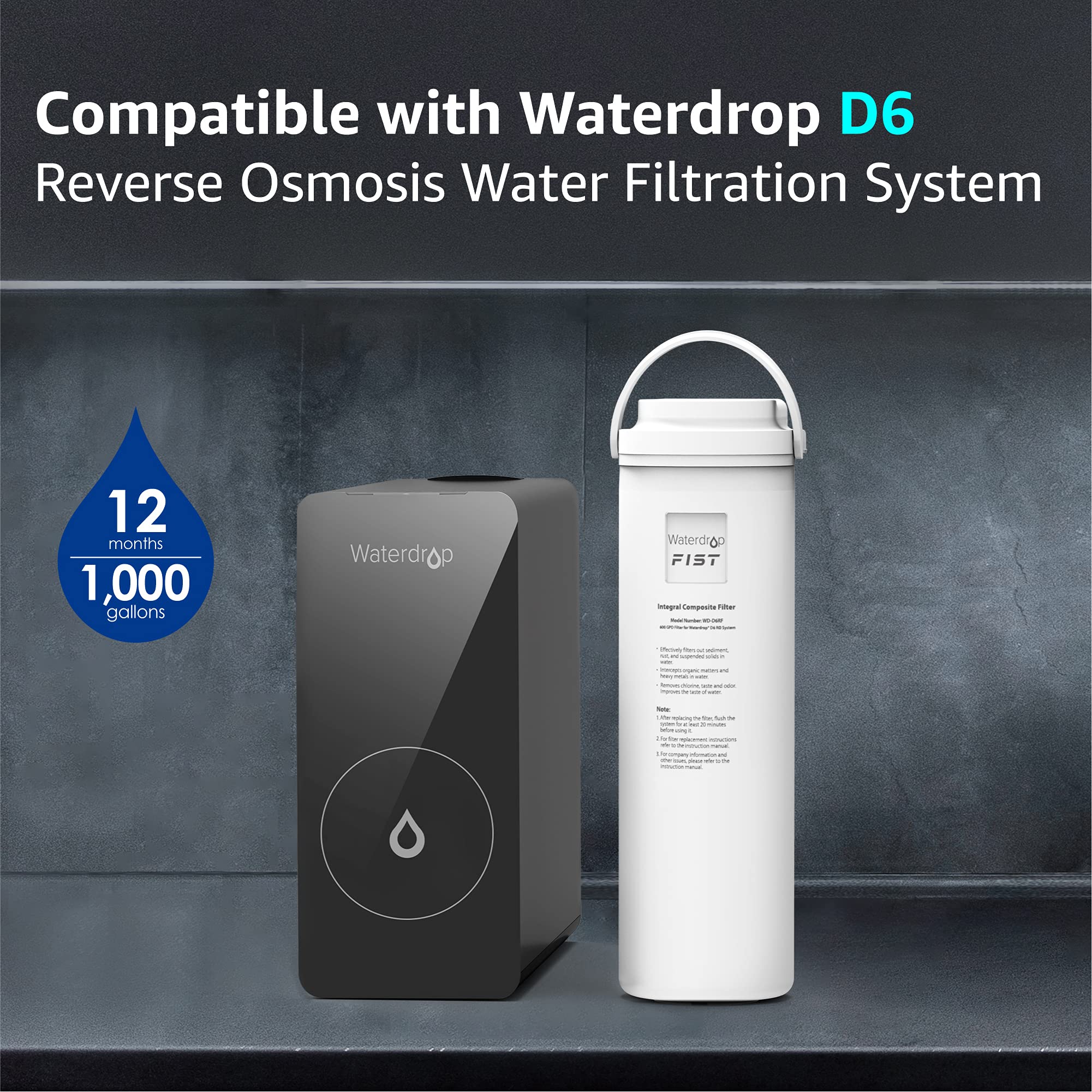 Waterdrop WD-D6RF Filter, Replacement for WD-D6-B Tankless Reverse Osmosis System, 1-Year Lifetime, Reduce PFAS