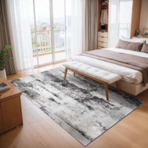 Macgace Modern Abstract Rugs for Living Room, 4'x6' Machine Washable Area Rug with Non Slip Backing for Bedroom, Soft Floor Covering Contemporary Carpet for Dining Room Kitchen Home Office, Gray