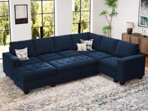 belffin modular sectional sleeper sofa with pull out bed u shaped sectional sofa couch with storage ottoman velvet covertible 7-seater sofa for living room blue