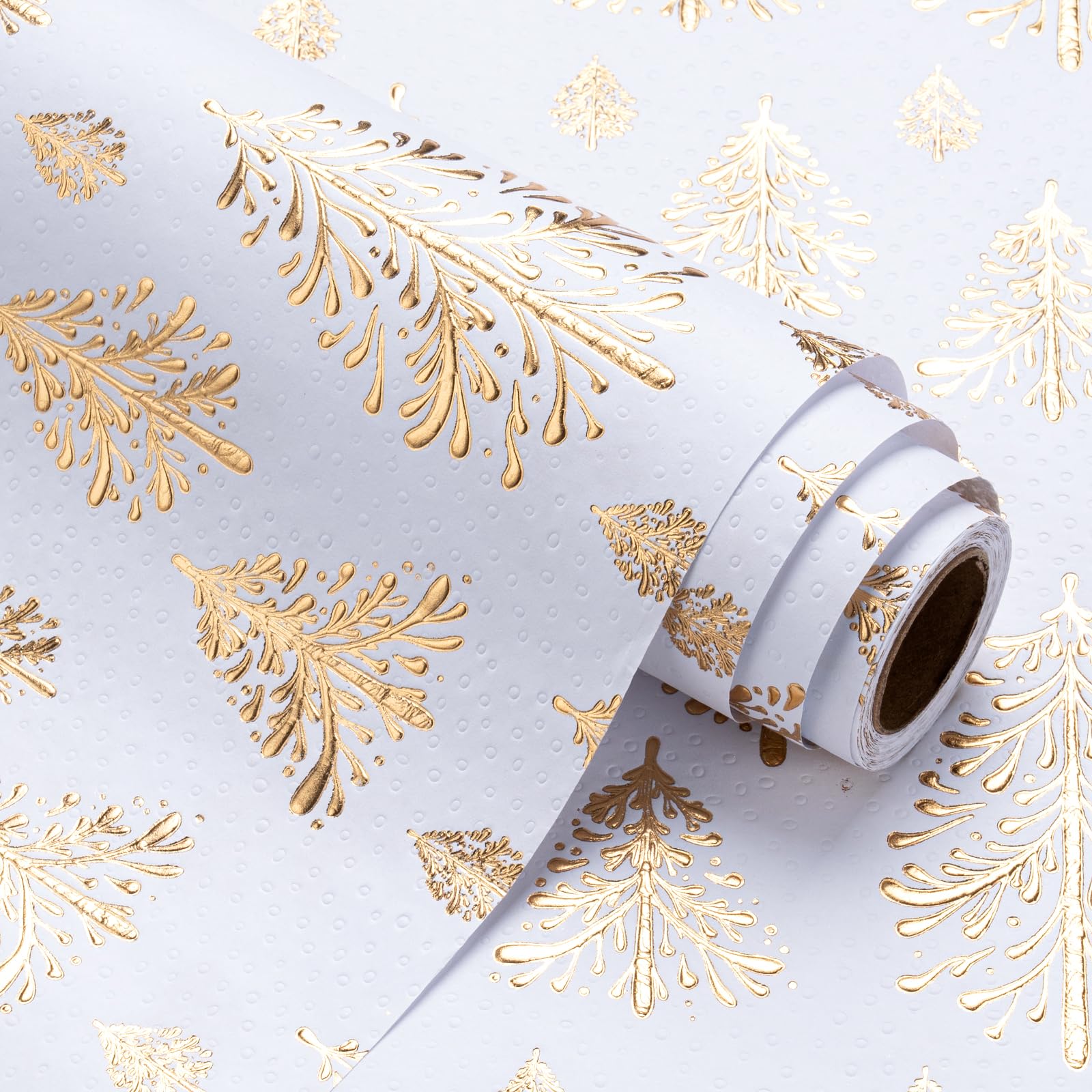 WRAPAHOLIC 3D Kraft Christmas Wrapping Paper Roll - Mini Roll - 17 Inch x 16.5 Feet - Gold and White Christmas Tree Design with Embossed Perfect for Holiday, Party Celebration