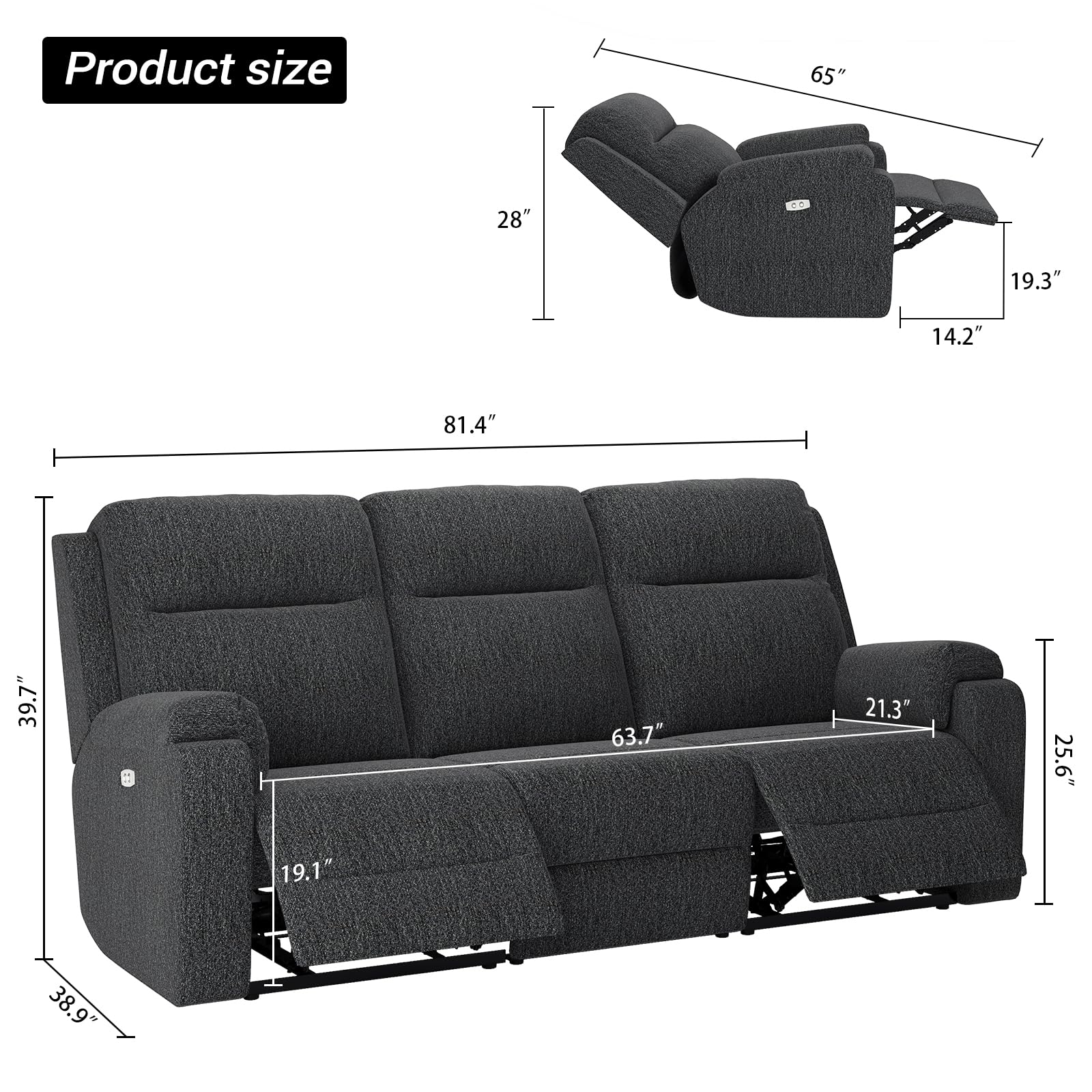 LARMACE Power Recliner Sofa 3 Seater Reclining Couch with Overstuffed Armrest and Backrest Electric Double Recliner Sofa Couch for Living Room, Dark Grey