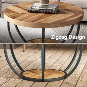 LITTLE TREE Round Coffee Table, 32" Circle Coffee Table for Living Room, 2-Tier Wood Accent Center Table with Open Storage Industrial Design Home Furniture (Wood Grain and Black)