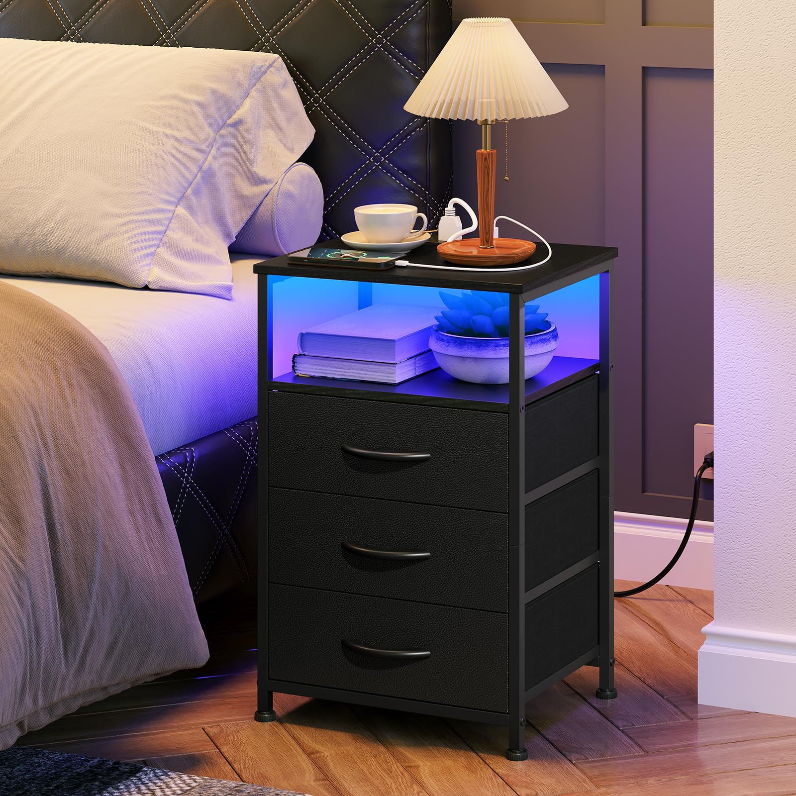 HOOBRO Nightstand with Charging Station and LED Light, Bedside Table with 3 Fabric Drawers, Night Stand with USB Ports and Outlet, End Table for Bedroom, Dorm, Black BB403UDBZ01