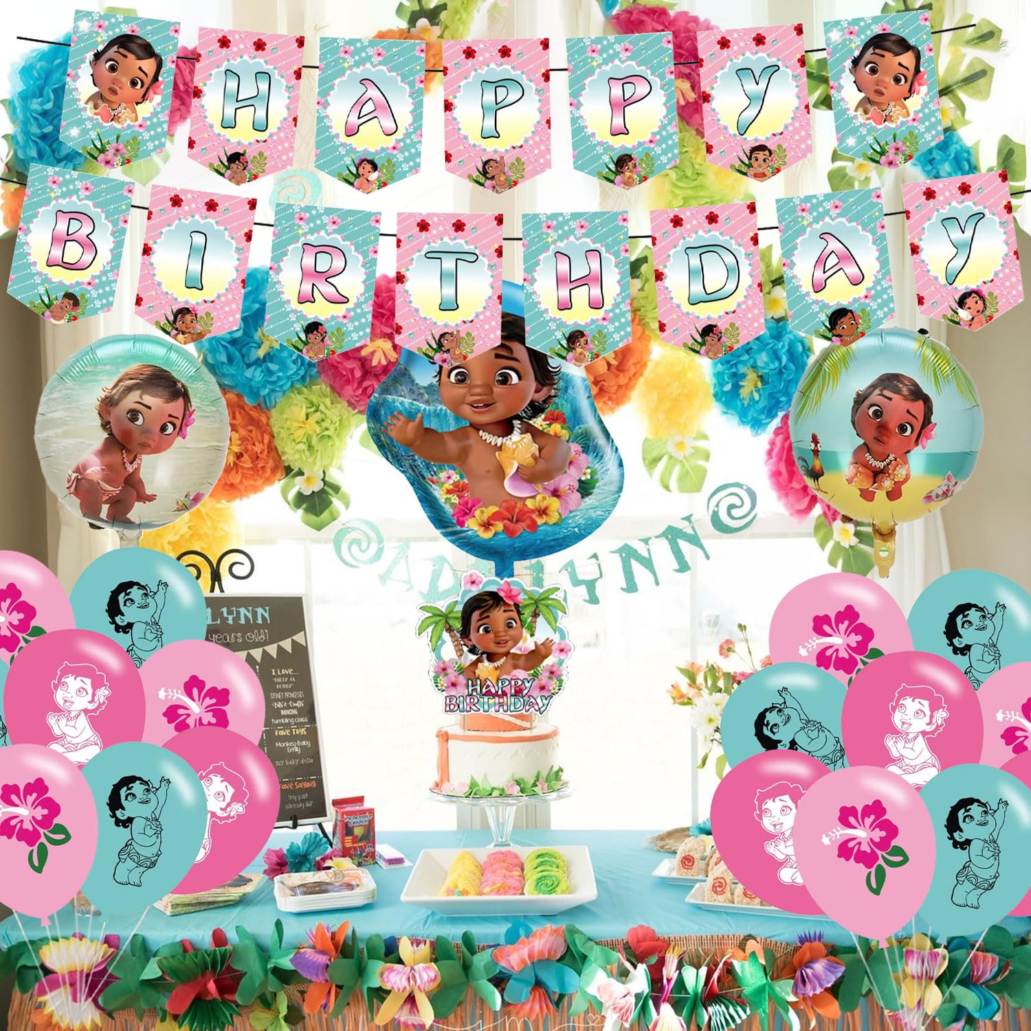 Generic Baby Moana Birthday Party Decorations, Moana Princess Theme Party Supplies set with Banner, Cake Cupcake Toppers, Foil Balloons for Kids Girls Fans Birthday Baby Shower Decorations