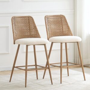 jalourt rattan counter height bar stools set of 2, modern upholstered bar stools with full pe cane back,26''rattan back counter stools with solid metal legs for kitchen bar island,brown