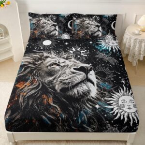 ailonen lion print twin size fitted sheet set for boys, sun and moon bed sheet cover set twin,3 pieces black and white sheet set twin galaxy lion fitted sheet with 2 pillowcases