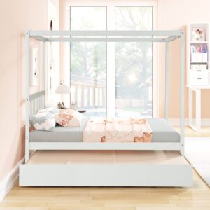 Bellemave Full Size Canopy Bed with Twin Trundle, Platform Bed with Headboard for Bedroom Guestroom Small Room, Solid Wood Bed Frame with Support Slats, Easy Assembly, No Box Spring Needed (White)