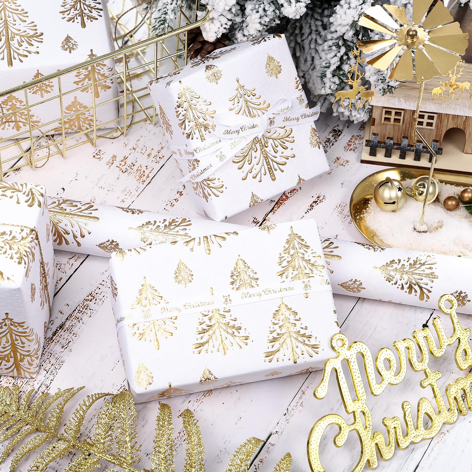 WRAPAHOLIC 3D Kraft Christmas Wrapping Paper Roll - Mini Roll - 17 Inch x 16.5 Feet - Gold and White Christmas Tree Design with Embossed Perfect for Holiday, Party Celebration