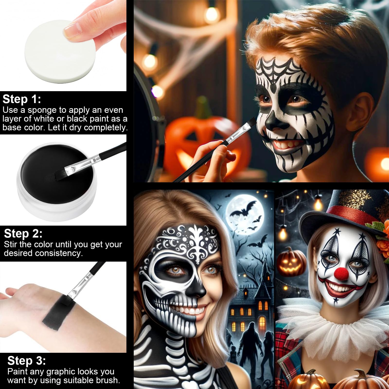 Black & White Face Paint Set (2.47 oz Each) - Halloween Full Coverage Face Painting Special Effects Makeup Kit for Body Face, Ideal for Skeleton, Joker, Clown, Corpse Cosplay Costume Accessories