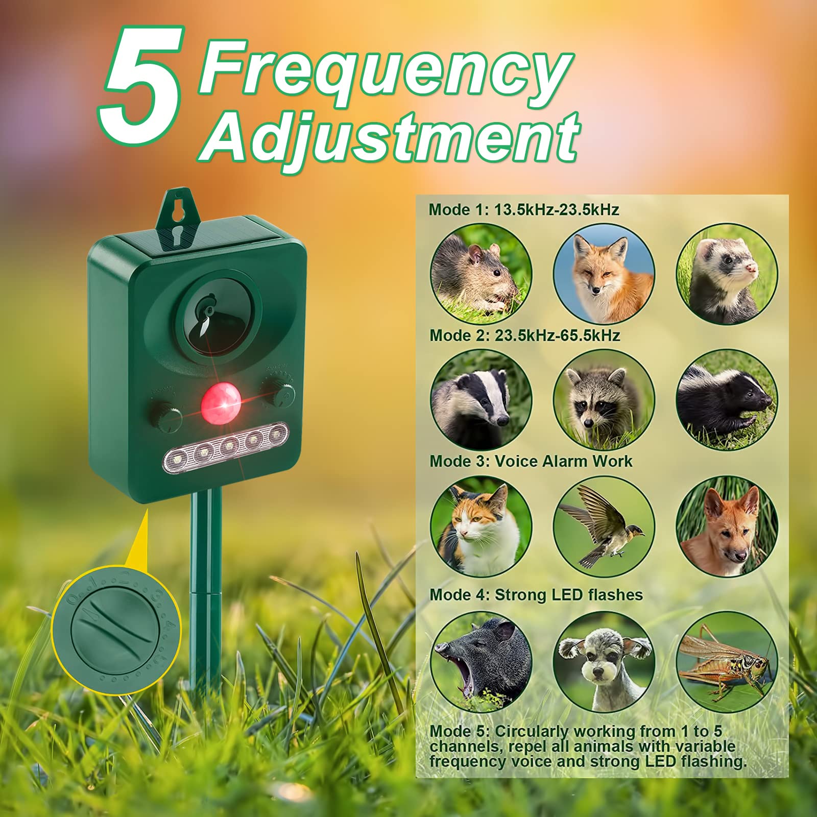 Solar Animal Repeller, Ultrasonic Animal Deterrent Rodent Repeller for Cat, Dog, Squirrel, Deer, Fox, Outdoor Animal Repellent with Motion Sensor and Led Light Alarm, Protect Yards, Lawn Gardens