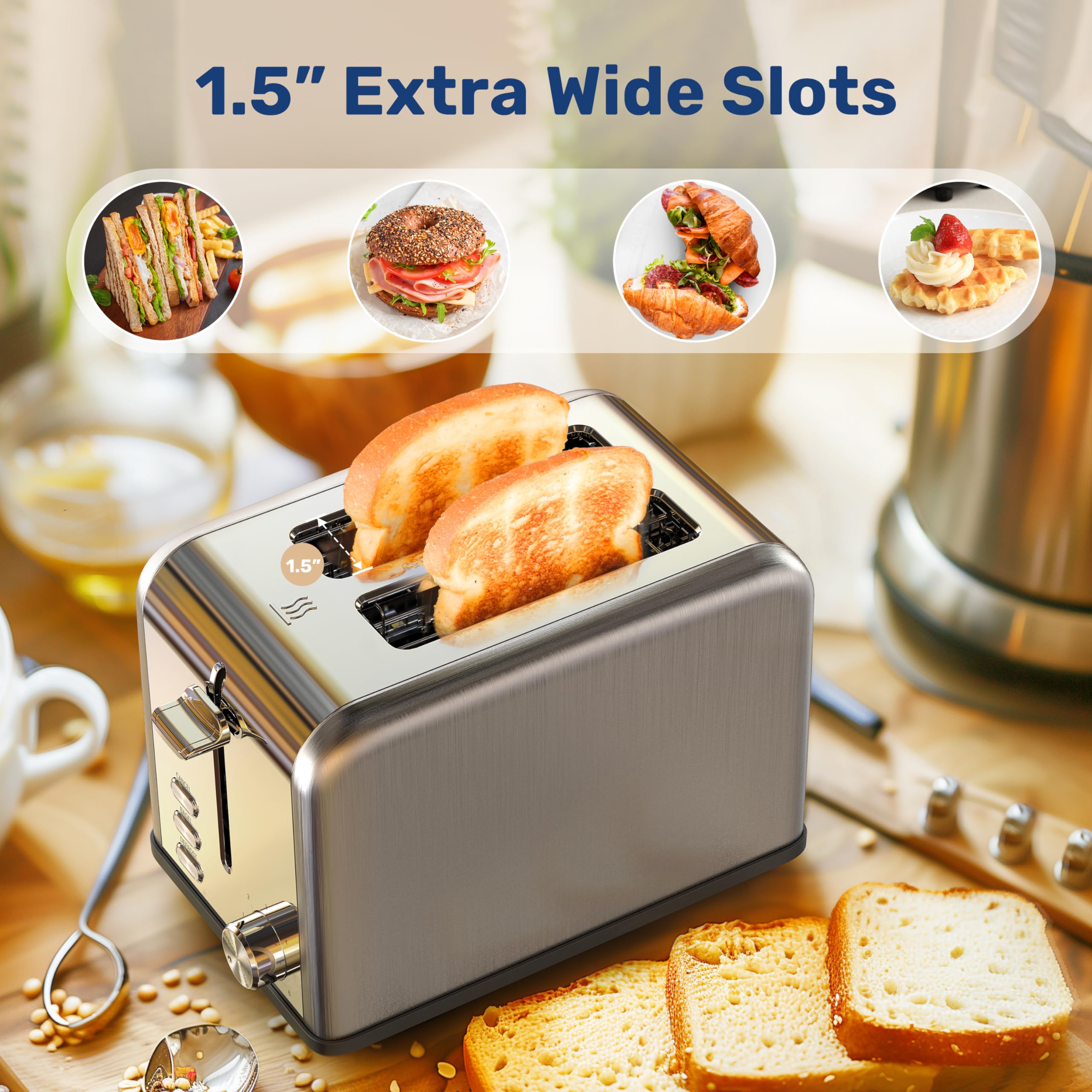 YSSOA Stainless Steel Toaster 2 Slice with Extra Wide Slot & Removable Crumb Tray, 6 Shade Settings and Bagel/Defrost/Cancel Functions, Compact Oven, for Various Bread & Waffle, Silver New