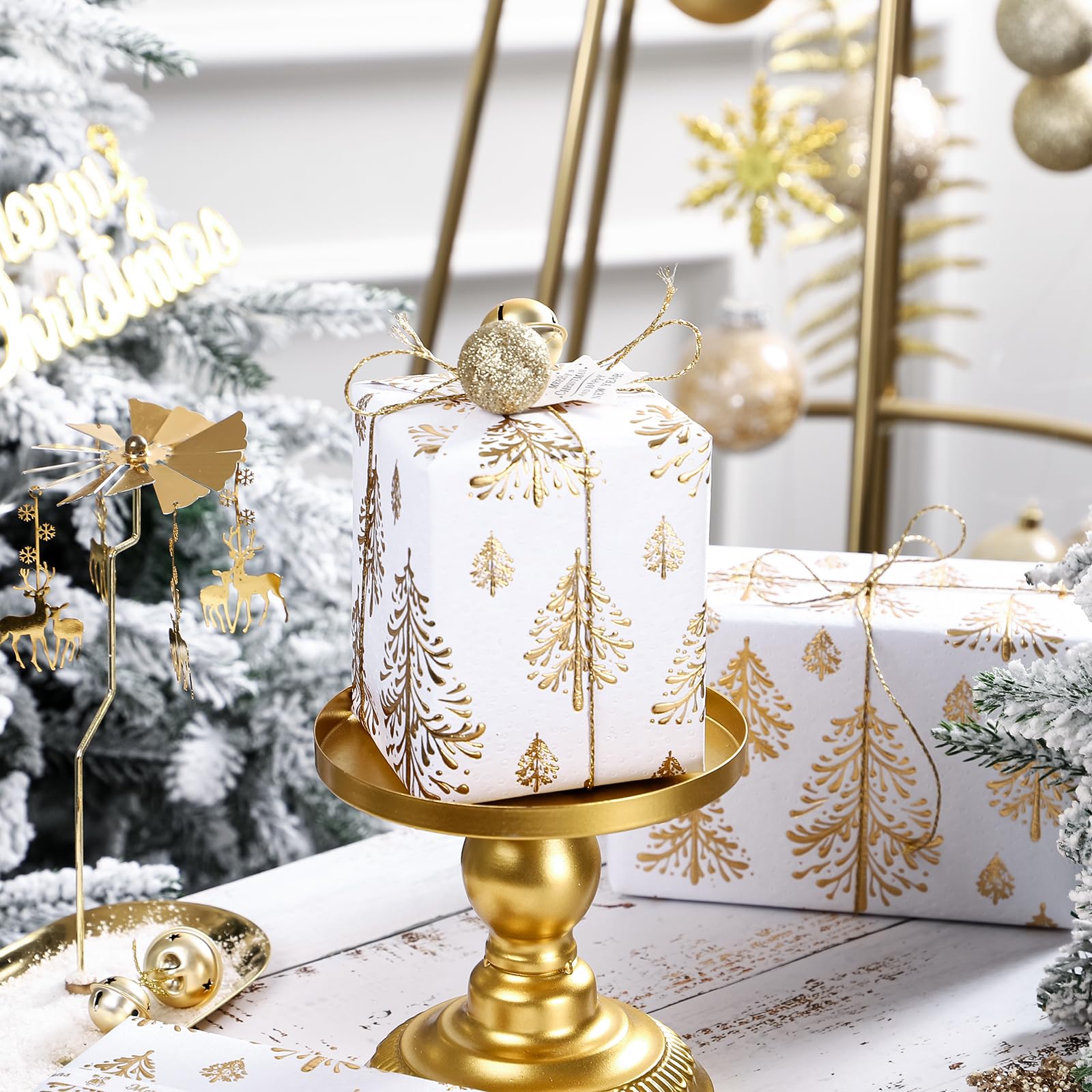 WRAPAHOLIC 3D Kraft Christmas Wrapping Paper Roll - Mini Roll - 17 Inch x 16.5 Feet - Gold and White Christmas Tree Design with Embossed Perfect for Holiday, Party Celebration