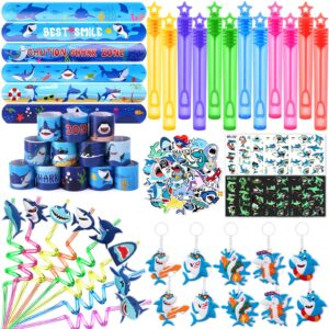 esag 110pcs shark party favors birthday supplies, straws bubble wands slap bracelet keychain tattoo sticker toy gift baby kids boys shark valentines goodie bag stuffer ocean under the sea party favors