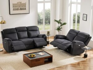 larmace power recliner sofa and loveseat set upholstered 2 piece reclining couch with overstuffed armrest and backrest electric recliner sofa couch sets for living room, dark grey