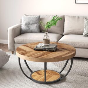 LITTLE TREE Round Coffee Table, 32" Circle Coffee Table for Living Room, 2-Tier Wood Accent Center Table with Open Storage Industrial Design Home Furniture (Wood Grain and Black)