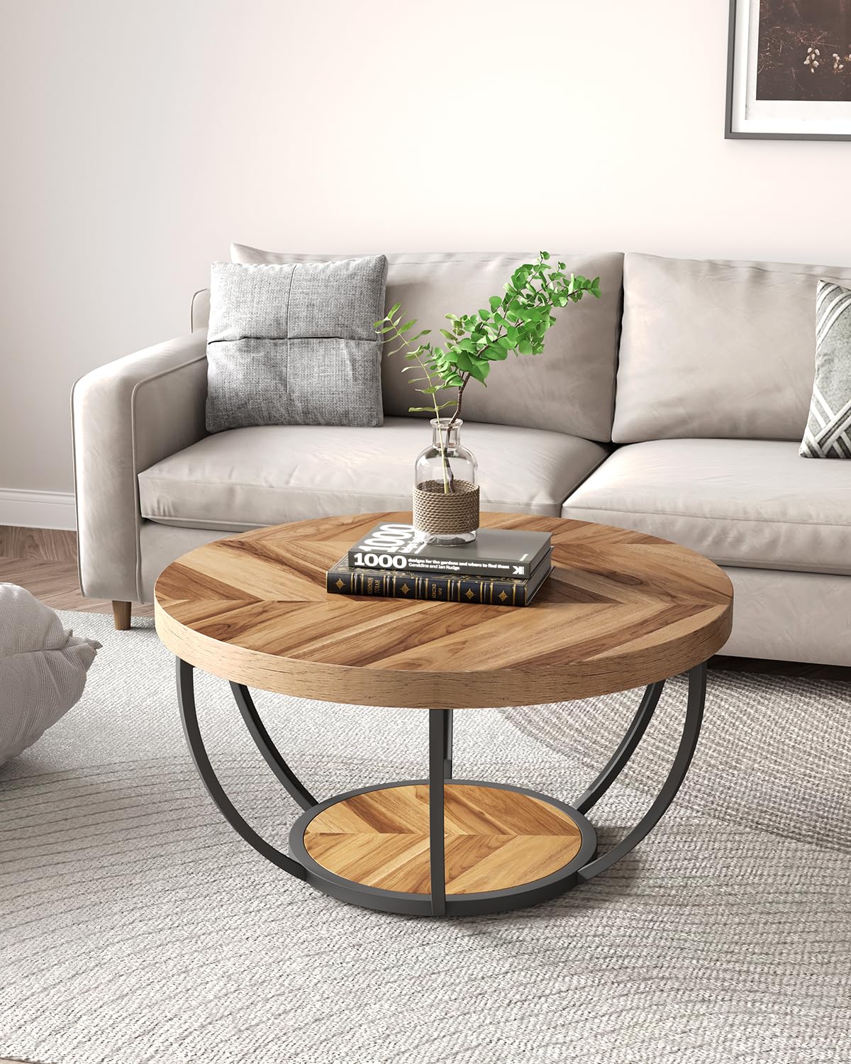 LITTLE TREE Round Coffee Table, 32" Circle Coffee Table for Living Room, 2-Tier Wood Accent Center Table with Open Storage Industrial Design Home Furniture (Wood Grain and Black)