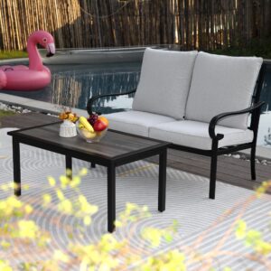 meooem patio sofa conversation furniture outdoor loveseat with table, metal frame with gray cushions for porch balcony deck