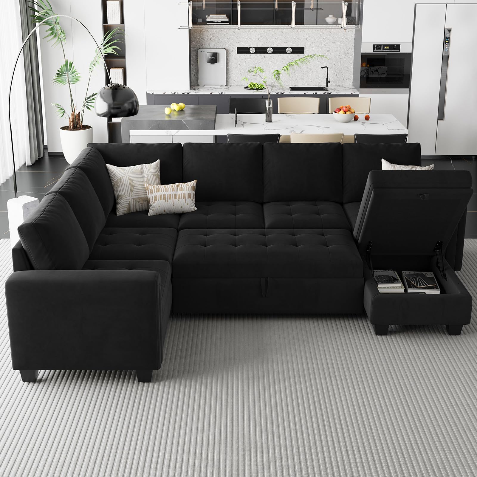 Belffin Modular Sectional Sleeper Sofa with Pull Out Bed U Shaped Sectional Sofa Couch with Storage Ottoman Velvet Covertible 7-Seater Sofa for Living Room Black