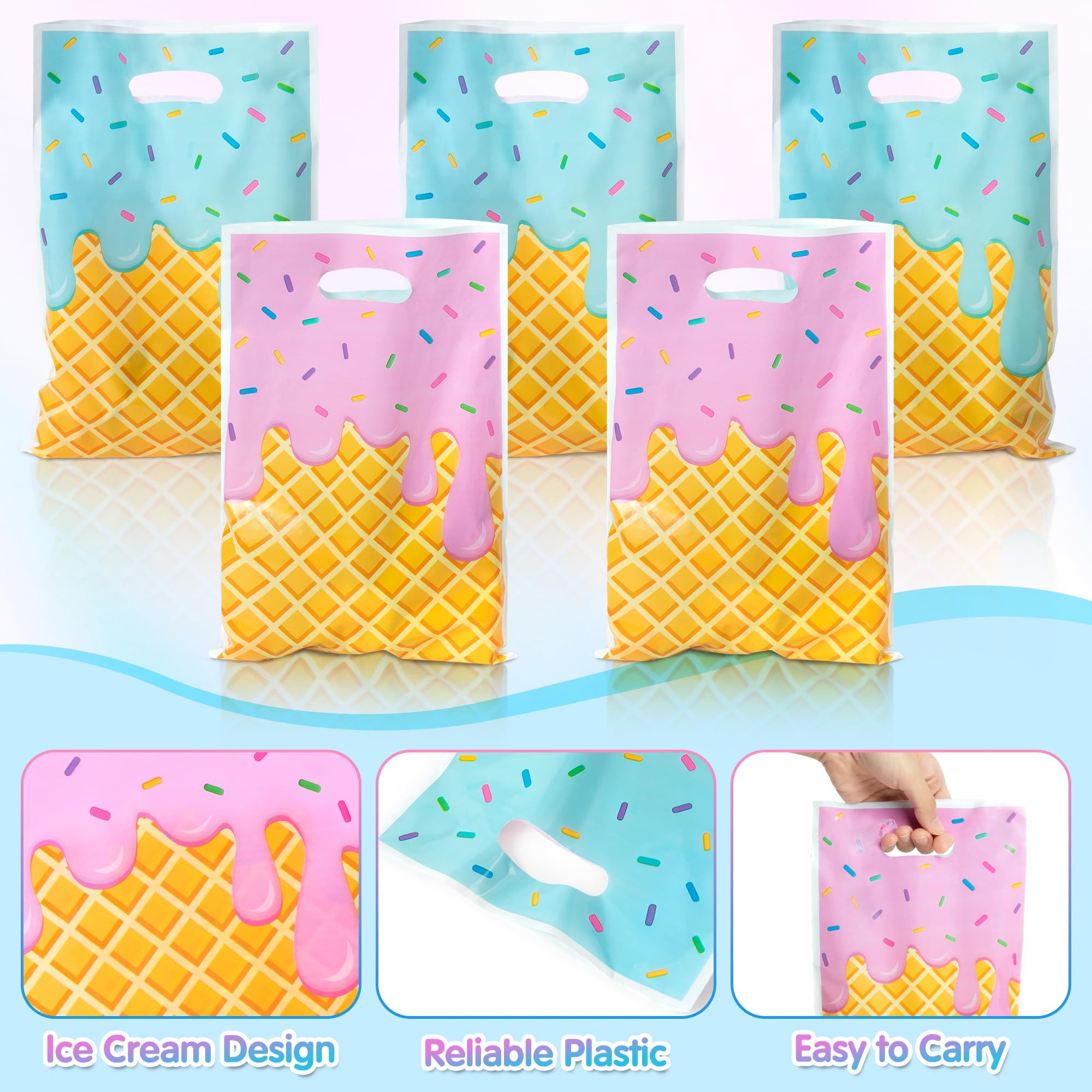 ArowlWesh Ice Cream Party Favor Bags - 50Pcs Plastic Sweet Ice Cream Candy Treat Gift Bag with Handles Cute Snack Goodie Bags Summer Ice Cream Theme Birthday Party Supplies Baby Shower Wedding Decor