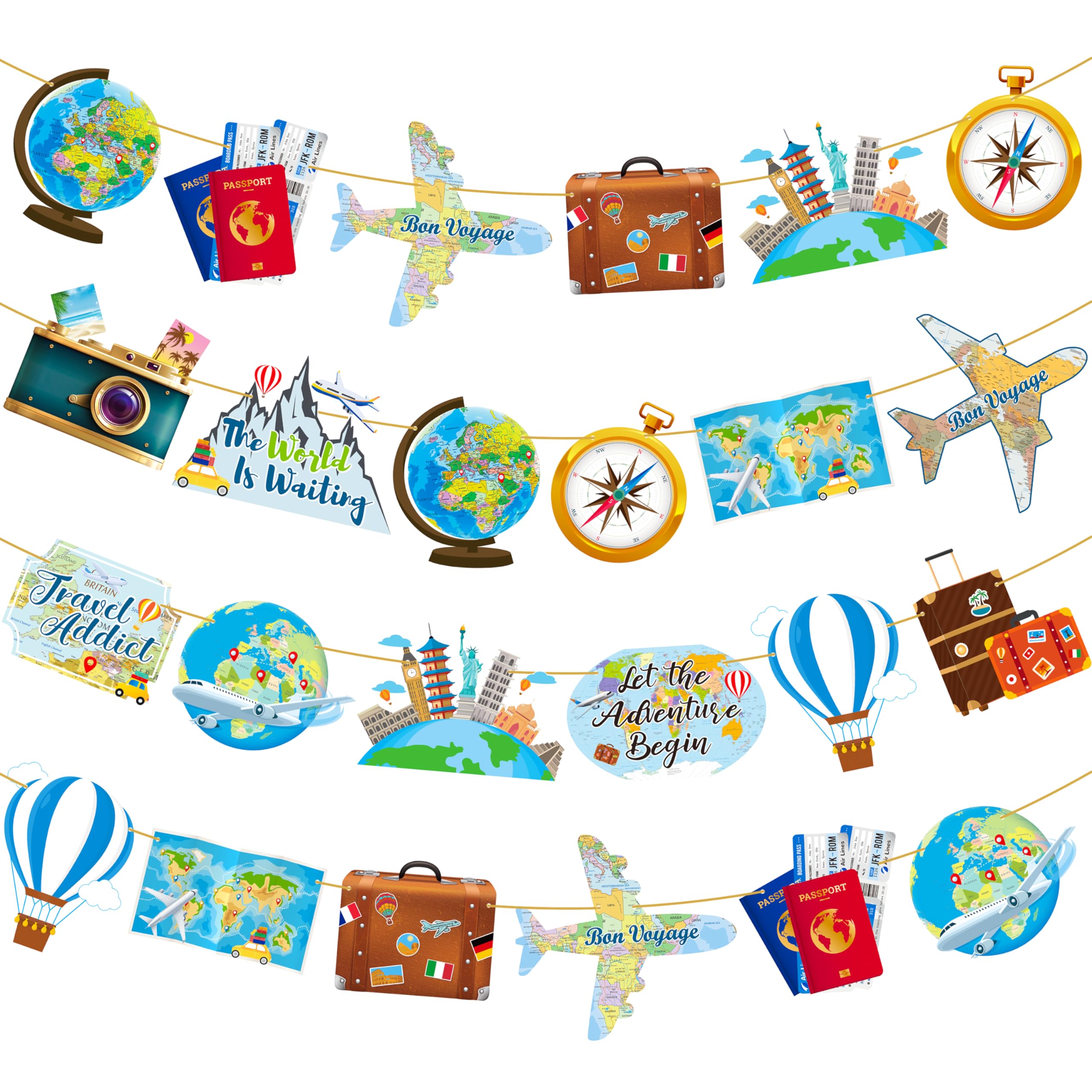 4pcs Travel Theme Party Banners Adventure Awaits Party Decorations Let The Adventure Begin Bon Voyage Map Theme Banners for Around The World Party Graduation Farewell Retirement Party Supplies