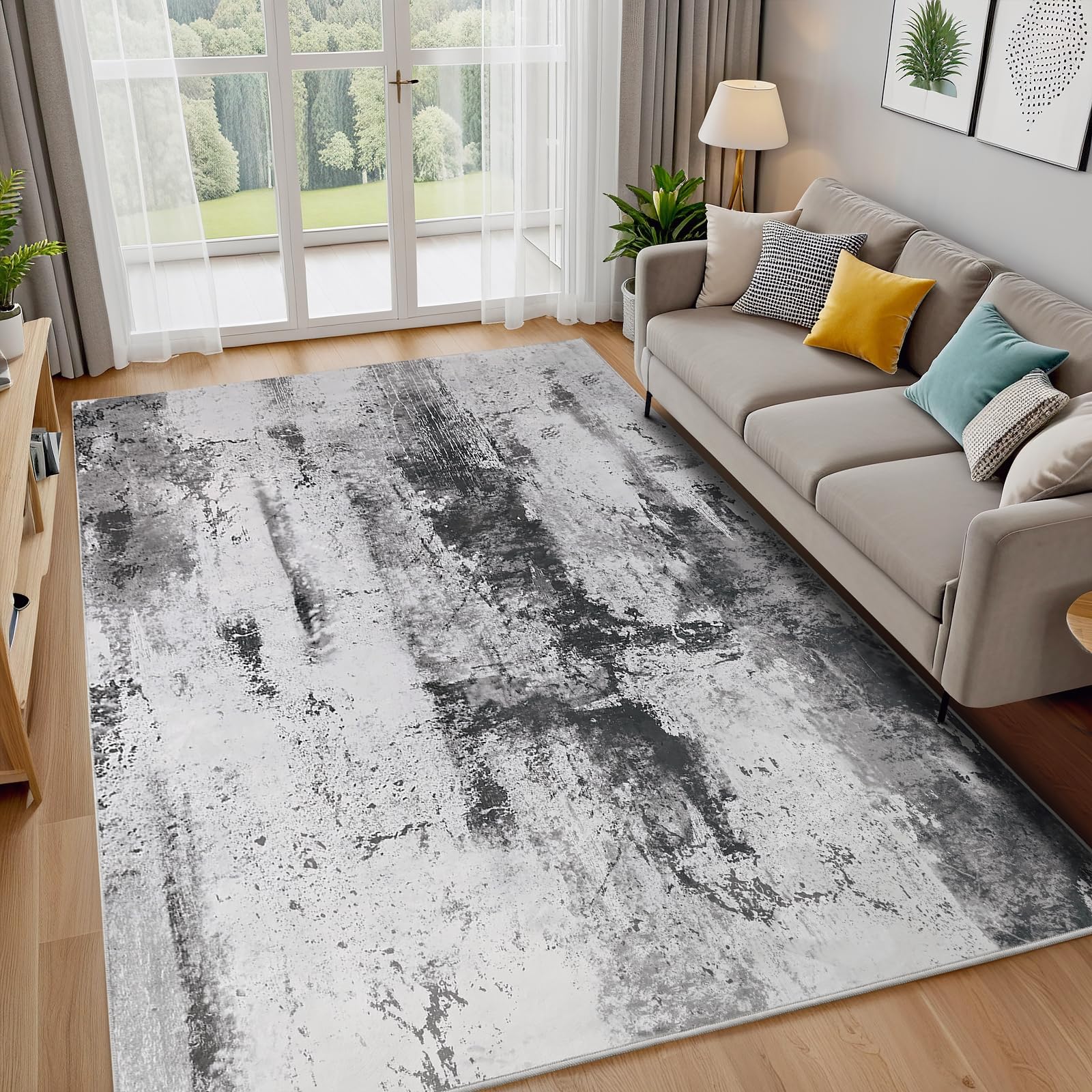 Macgace Modern Abstract Rugs for Living Room, 4'x6' Machine Washable Area Rug with Non Slip Backing for Bedroom, Soft Floor Covering Contemporary Carpet for Dining Room Kitchen Home Office, Gray