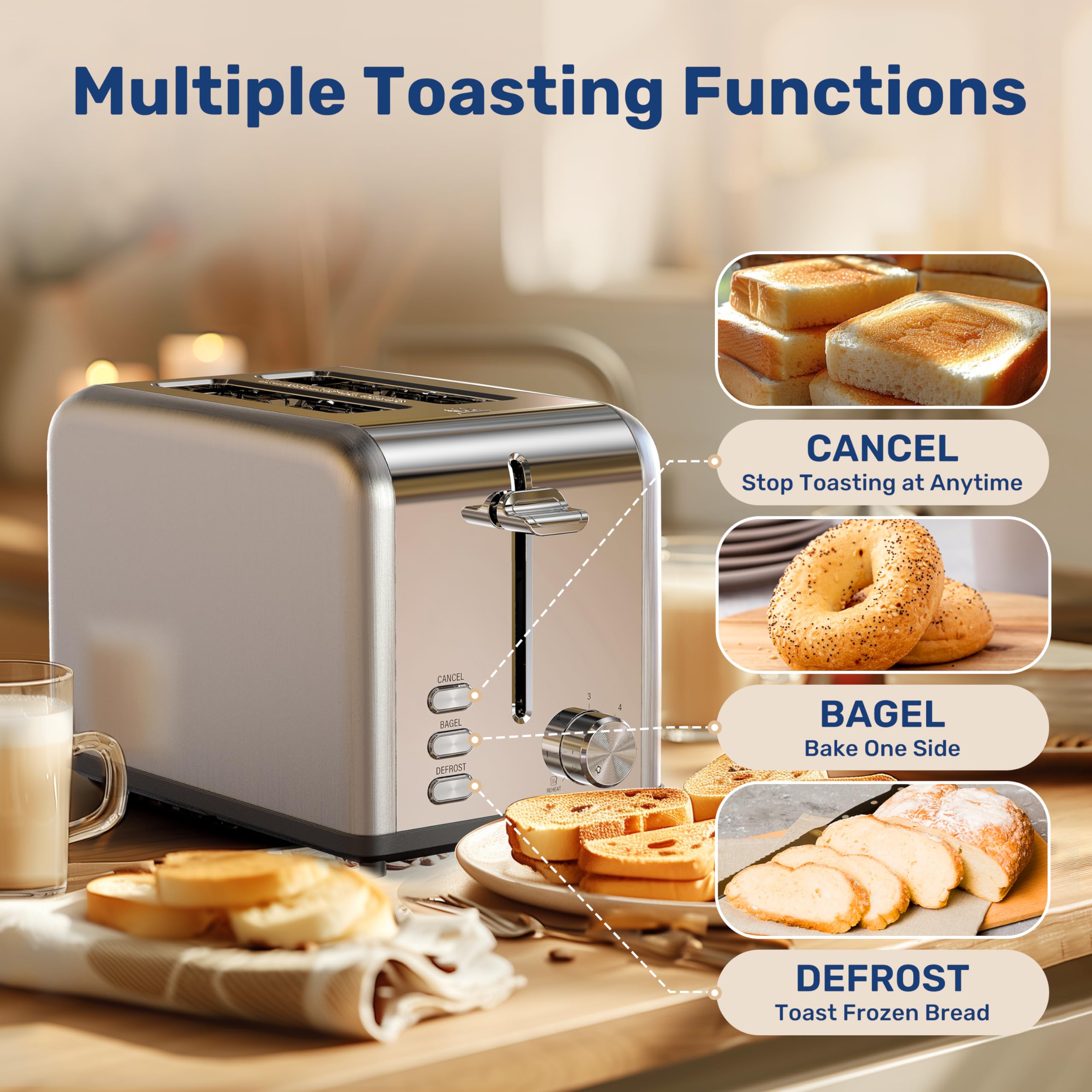 YSSOA Stainless Steel Toaster 2 Slice with Extra Wide Slot & Removable Crumb Tray, 6 Shade Settings and Bagel/Defrost/Cancel Functions, Compact Oven, for Various Bread & Waffle, Silver New