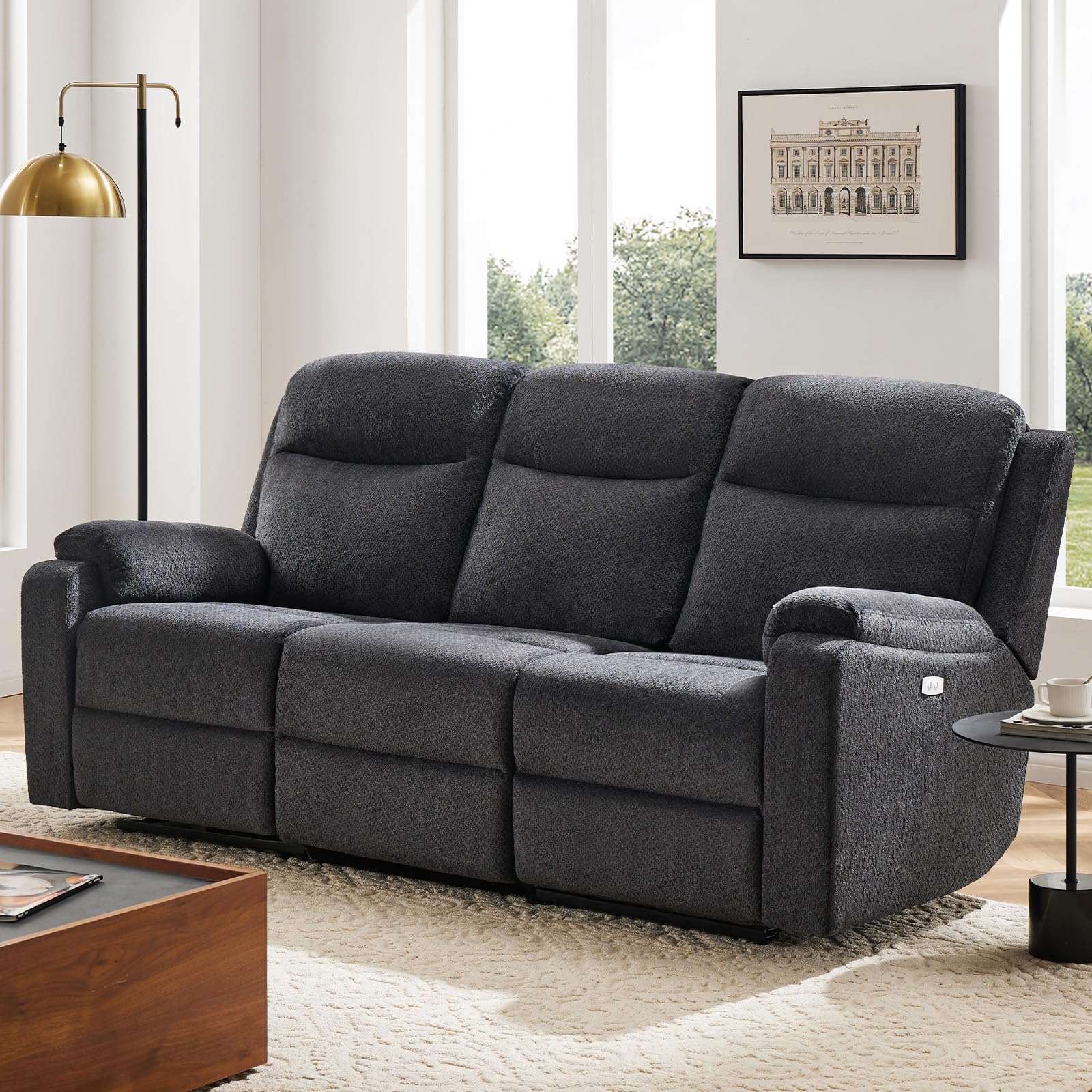 LARMACE Power Recliner Sofa 3 Seater Reclining Couch with Overstuffed Armrest and Backrest Electric Double Recliner Sofa Couch for Living Room, Dark Grey