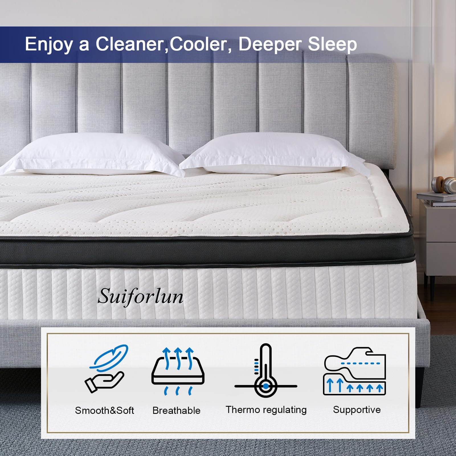 Suiforlun King Mattress, 14 Inch Hybrid Mattress King, Cool Gel Memory Foam and Heavier Coil Pocket Spring Mattress in a Box for Lumbar Support & Back Pain Relief, Medium-Plush, 120 Nights Trial