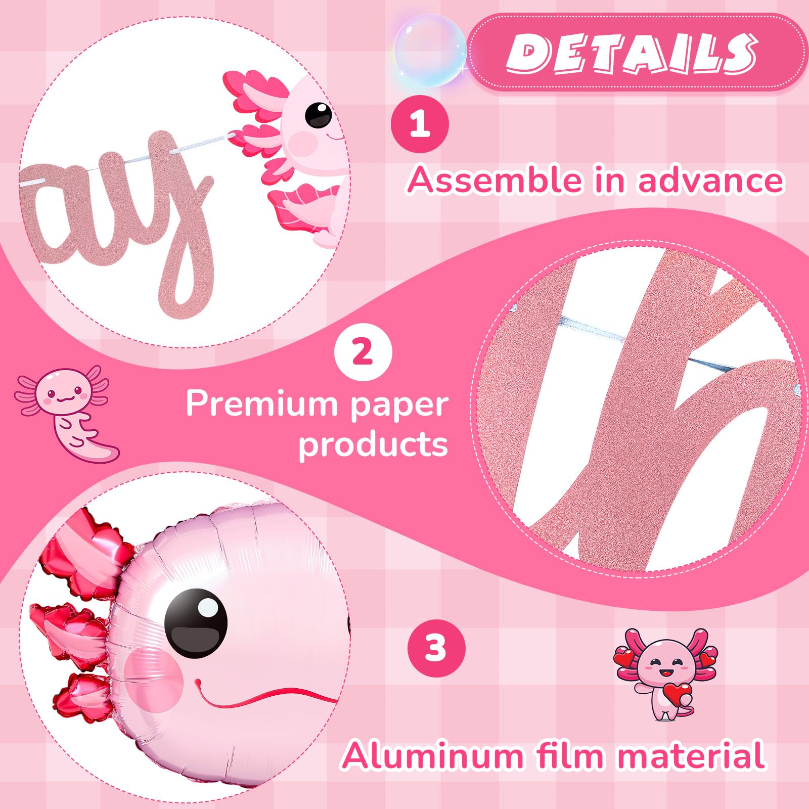 Trandraft 9 Pcs Axolotl Birthday Decorations Pink Inflatable Axolotl Party Supplies Include 4 Pcs Aluminum Foil Axolotl Balloons 4 Round Balloons and 1 Axolotl Happy Birthday Banner for Themed Party