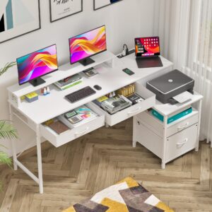 gyiiyuo 55 inch computer desk with 4 drawers & printer stand, l shaped office desk with file cabinet, power outlets, led lights & monitor stand, writing desk with storage shelf for home office, white