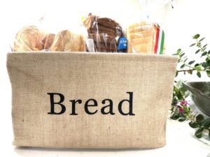 kintner designs bread storage bin- burlap basket for keeping bread, rolls and other items for kitchen counter or pantry