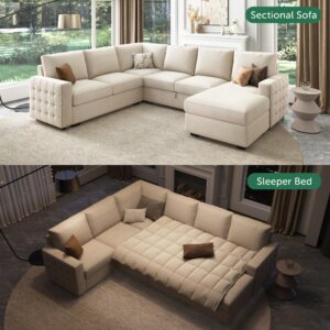 HONBAY Sleeper Sectional Sofa with Storage Chaise U Shaped Sectional Couch for Living Room, Velvet Sleeper Sectional Couch with Pullout Bed, Beige