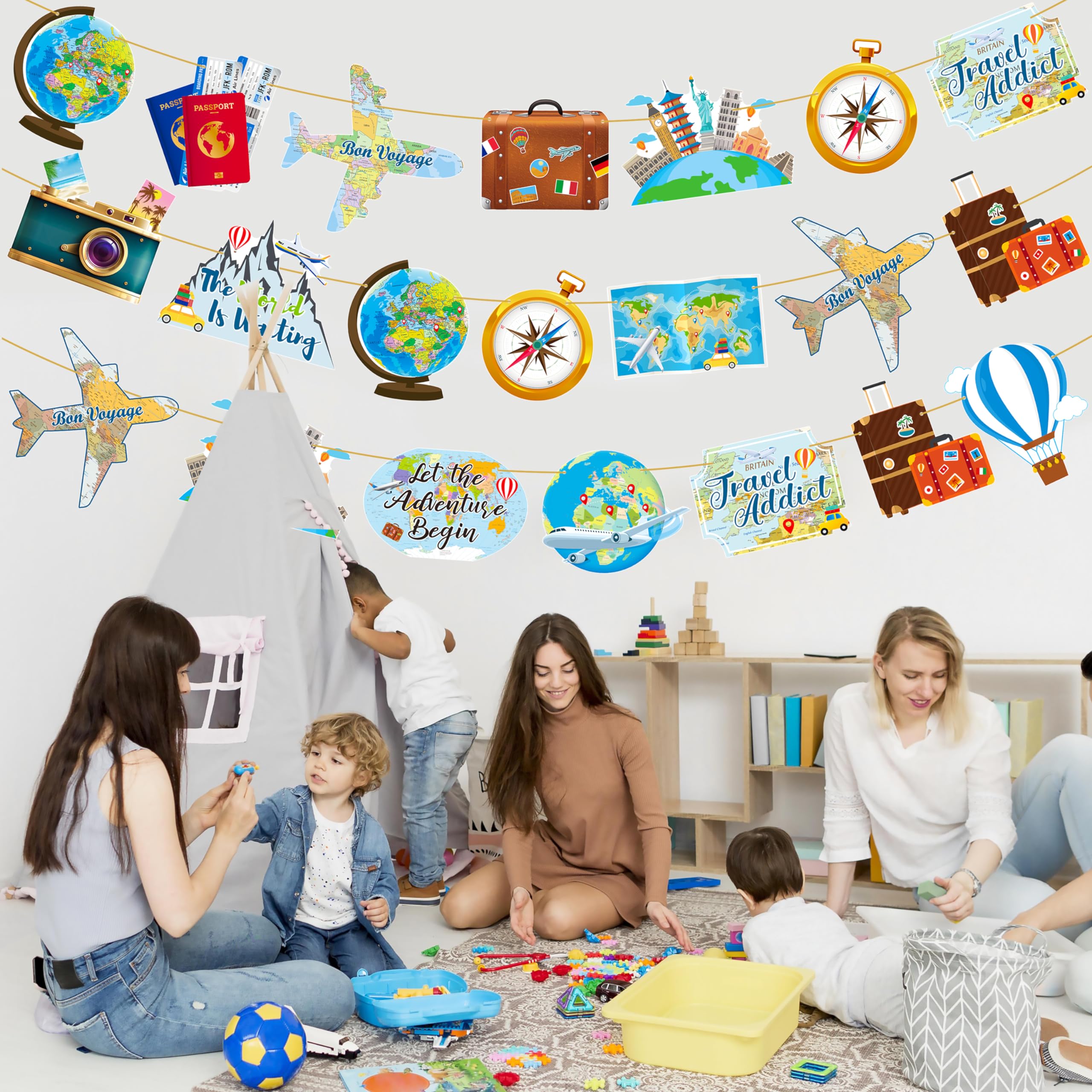 4pcs Travel Theme Party Banners Adventure Awaits Party Decorations Let The Adventure Begin Bon Voyage Map Theme Banners for Around The World Party Graduation Farewell Retirement Party Supplies