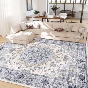 capaloca machine washable 8x10 area rugs for living room vintage rugs carpet rugs non slip low pile water repellent soft print pattern for bedroom indoor decor polyester rug bluewhite