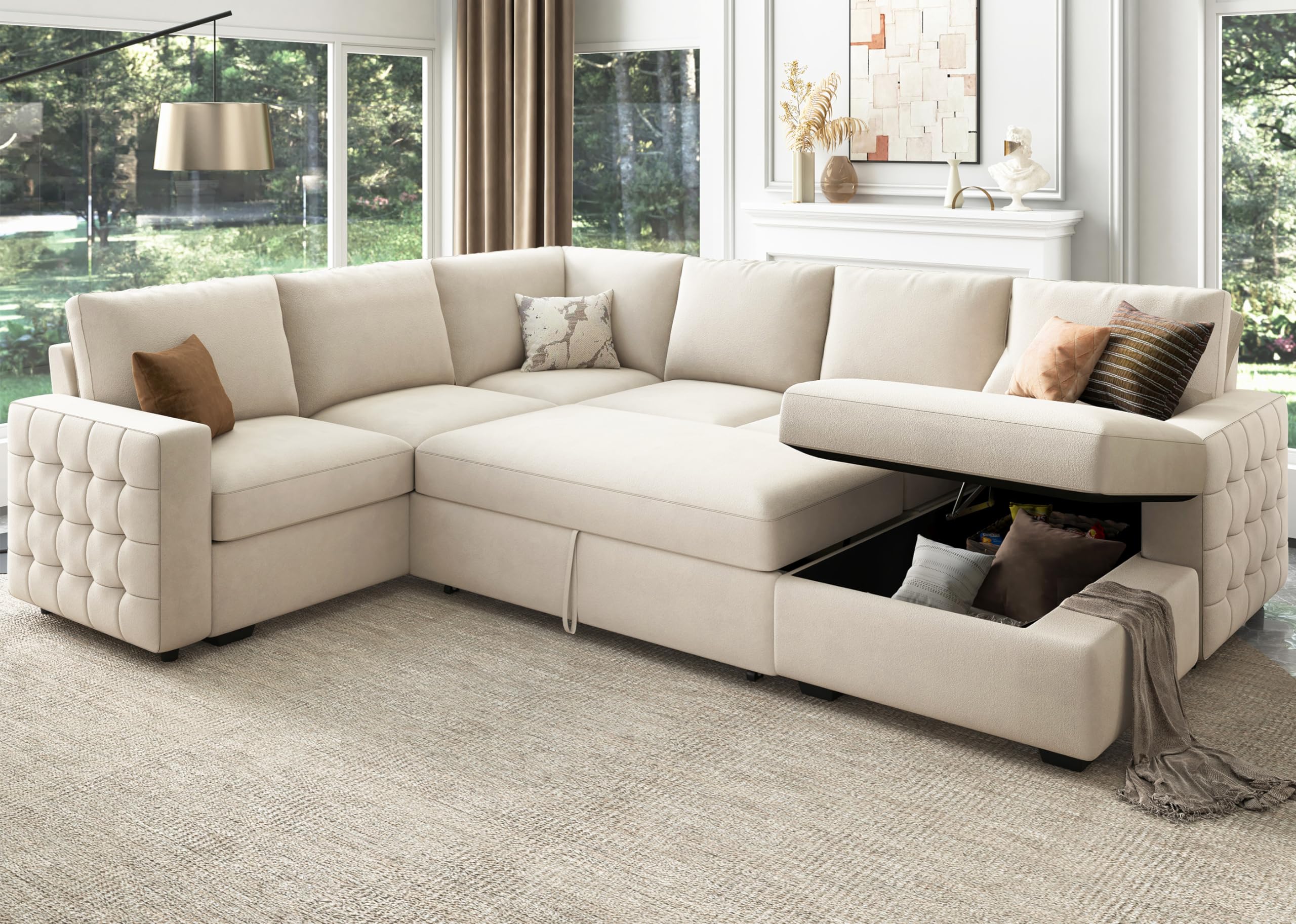 HONBAY Sleeper Sectional Sofa with Storage Chaise U Shaped Sectional Couch for Living Room, Velvet Sleeper Sectional Couch with Pullout Bed, Beige