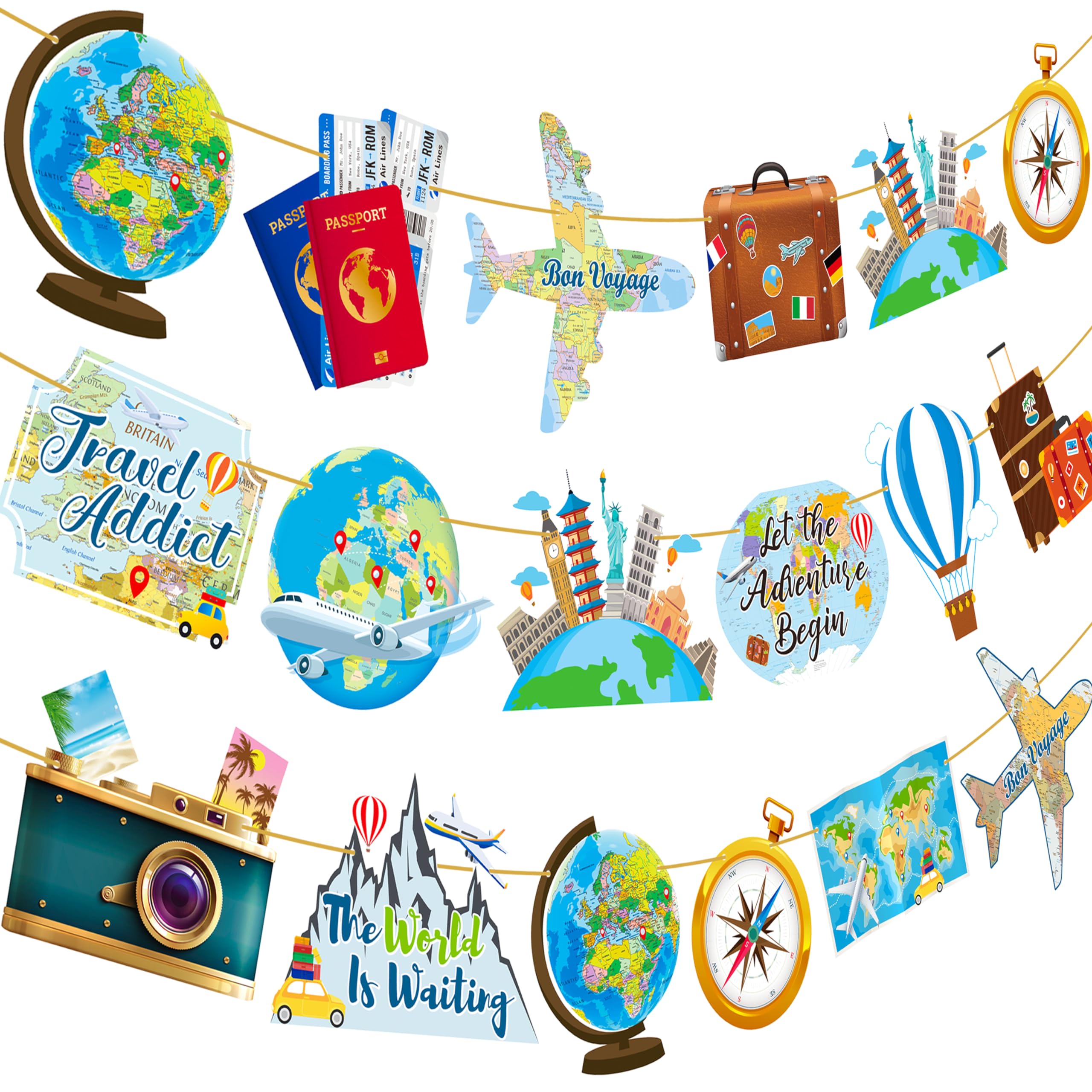 4pcs Travel Theme Party Banners Adventure Awaits Party Decorations Let The Adventure Begin Bon Voyage Map Theme Banners for Around The World Party Graduation Farewell Retirement Party Supplies