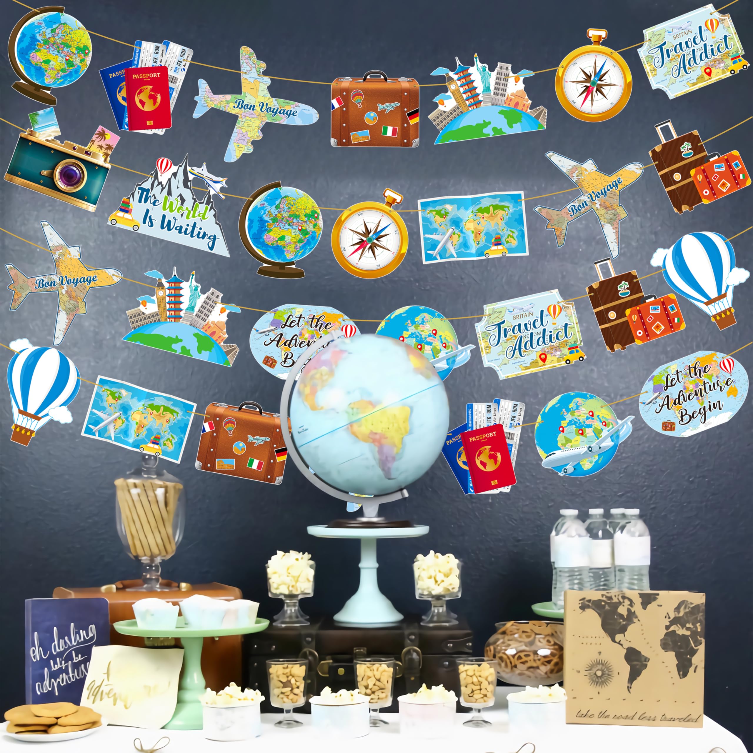 4pcs Travel Theme Party Banners Adventure Awaits Party Decorations Let The Adventure Begin Bon Voyage Map Theme Banners for Around The World Party Graduation Farewell Retirement Party Supplies