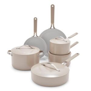 greenlife dream 10-piece ceramic nonstick cookware set, pots frying & sauce pans, pfas-free & pfoa-free, dishwasher & oven safe, stay-cool handles, durable aluminum body, versatile cooking, taupe