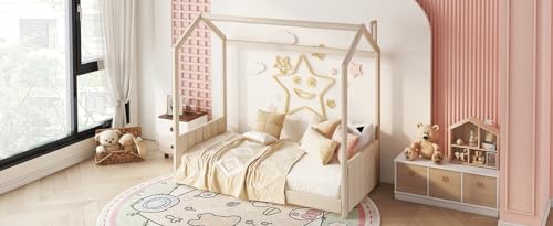 Bellemave Twin Size Velvet House Bed,Wood Bed, Twin Bed Platform Bed for Kids, Wood Twin Size Platform Bed Frame for Boys and Girls and Kids, No Box Spring Needed (Beige)