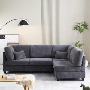 oversized deep seat modular sectional sofa cloud couch with movable ottoman, modern corduroy upholstered convertible l shaped corner sofa&couches with wooden legs for living room, apartment, office